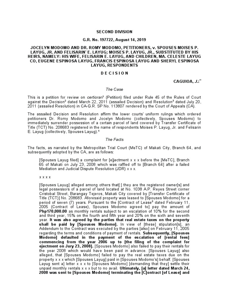 FULL - 2019 - SPOUSES MODOMO v. SPOUSES LAYUG | PDF | Lease | Estoppel