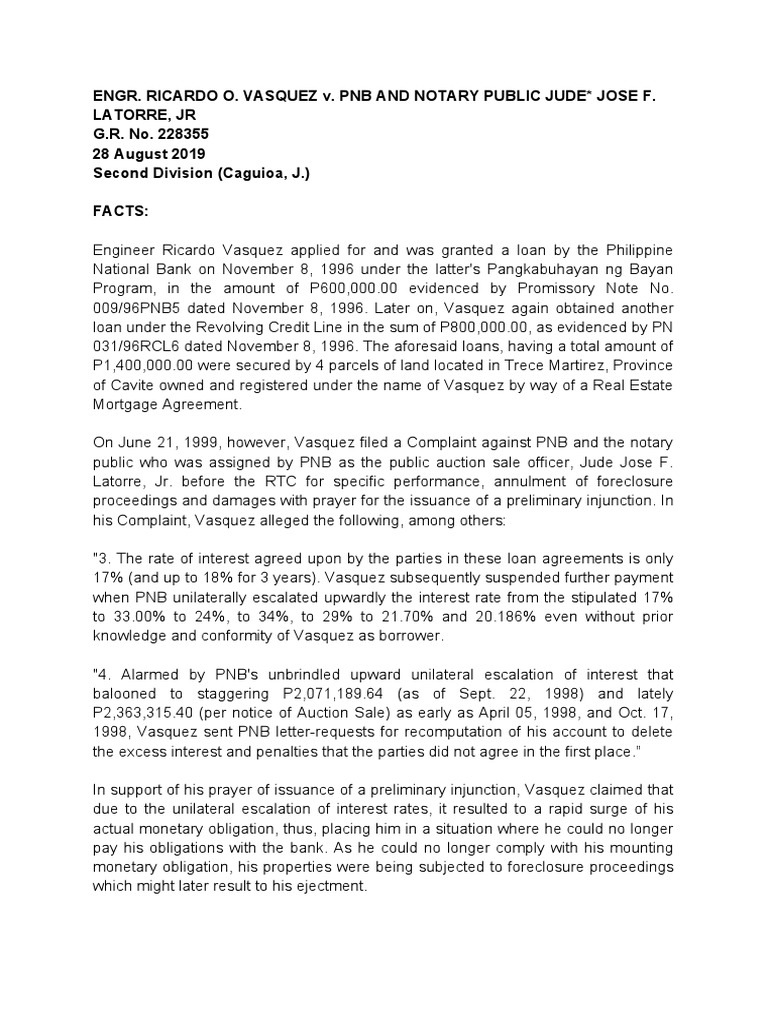 DIGEST - 2019 - ENGR. RICARDO O. VASQUEZ v. PNB AND NOTARY PUBLIC JUDE ...