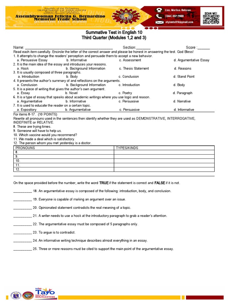 Third Quarter Summative Test Grade 10 Modules 1 7 | PDF