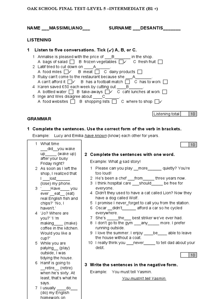 Test Finale Inglese 5° Anno-2022 | PDF