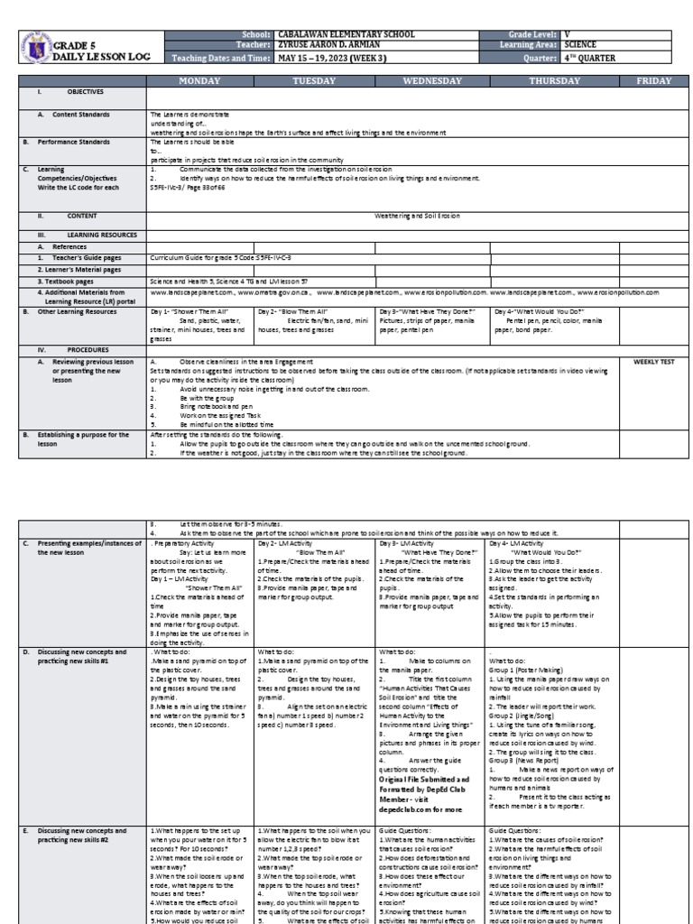 DLL - Science 5 - Q4 - W3 | PDF | Erosion | Soil