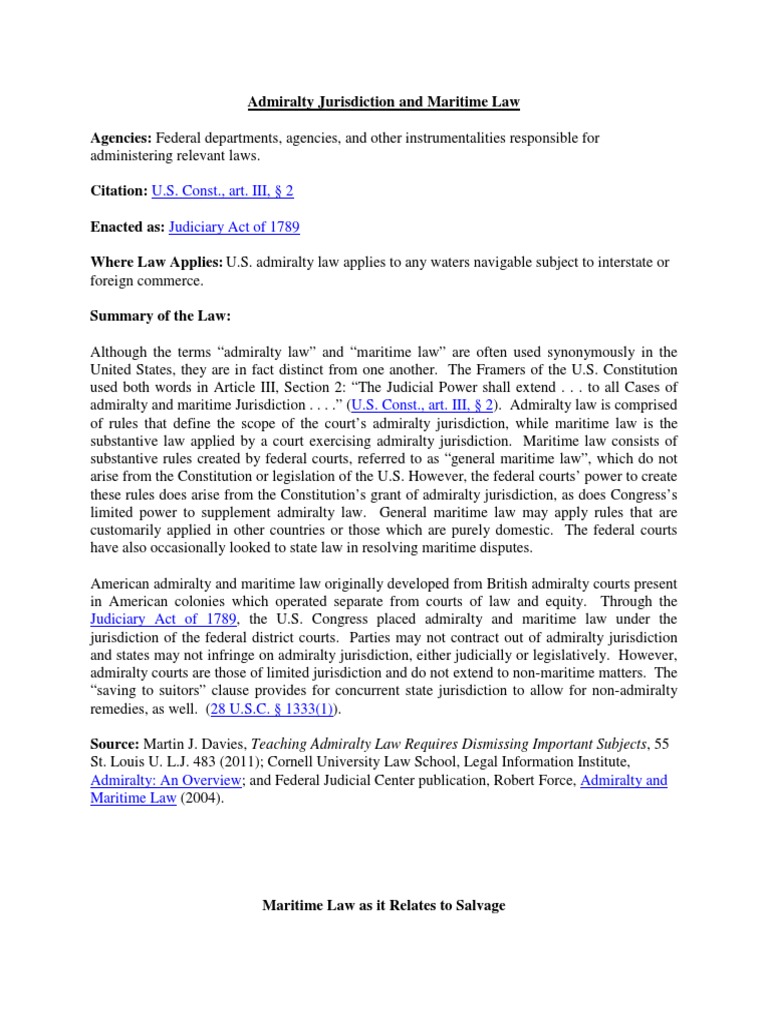 Summary of Law - Admiralty Law | PDF | Marine Salvage | Admiralty Law