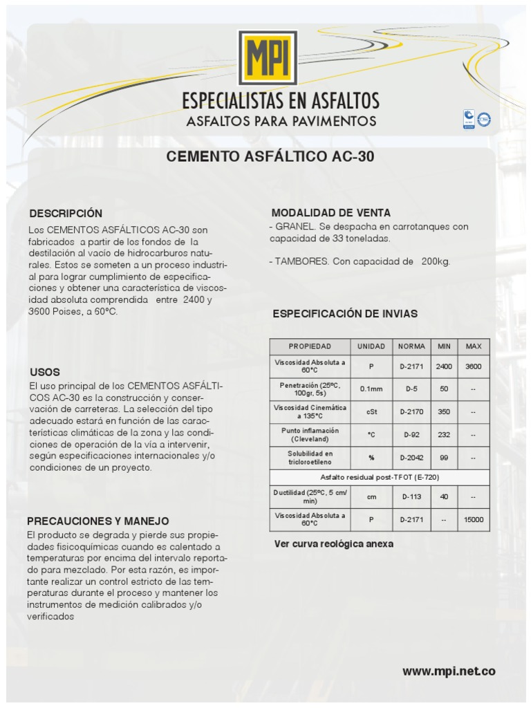Especificaciones del Asfalto AC-30 | PDF | Materiales | Ciencias fisicas