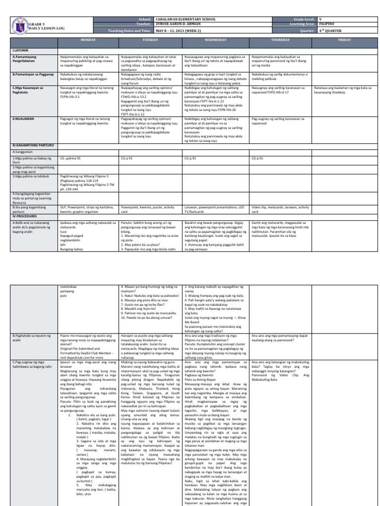 DLL - Filipino 5 - Q4 - W2 | PDF