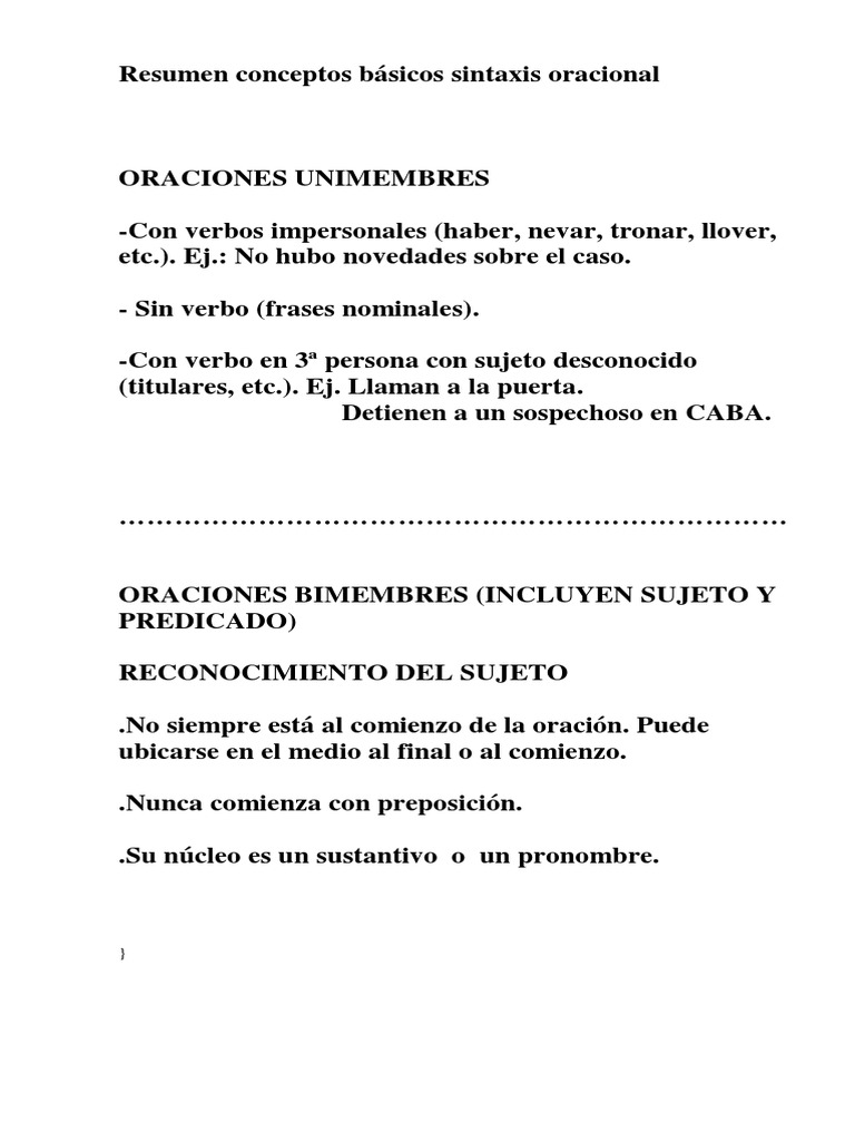 2023 Sintaxis-Resumen Oración Simple | PDF | Asunto (gramática) | Verbo