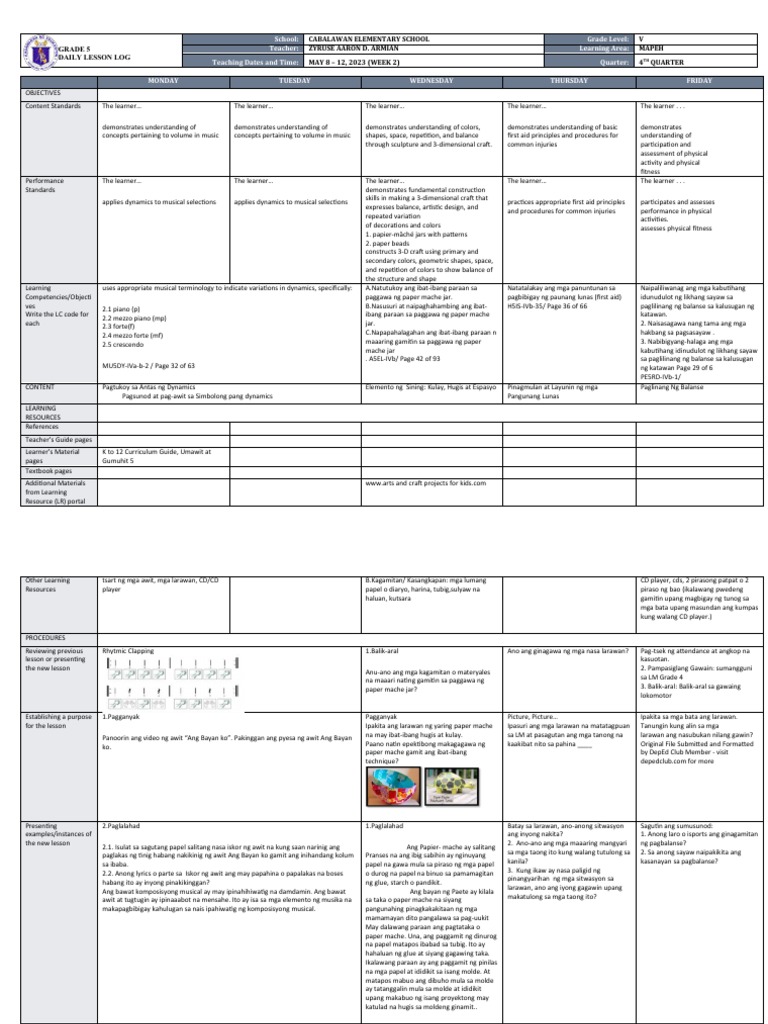 DLL - Mapeh 5 - Q4 - W2 | Download Free PDF | Learning