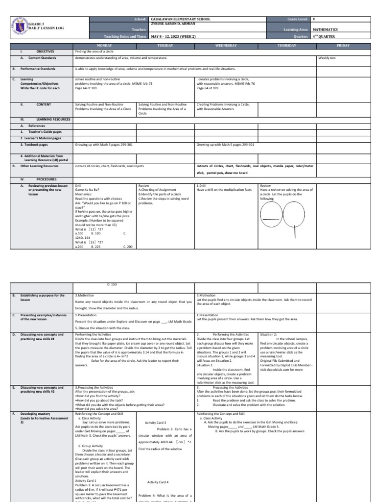 DLL - Mathematics 5 - Q4 - W2 | PDF | Area | Mathematics