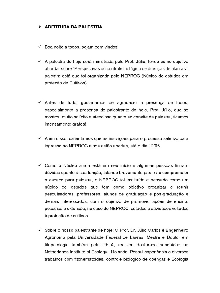 Roteiro para Palestra | PDF | Pós-graduação