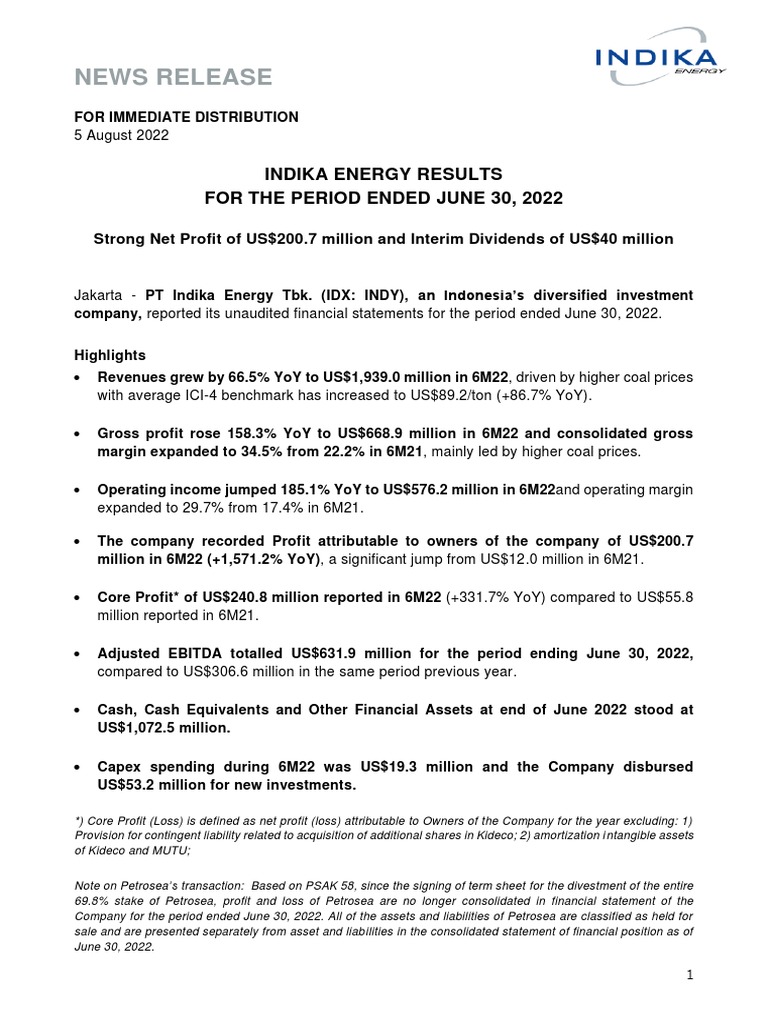 News Release INDY Result 6M22 | PDF | Income | Equity (Finance)