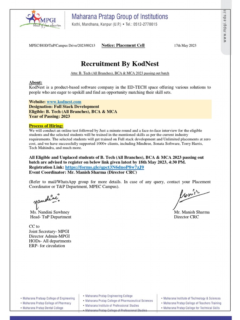 KodNest 2023 B Tech All BCA MCA | PDF