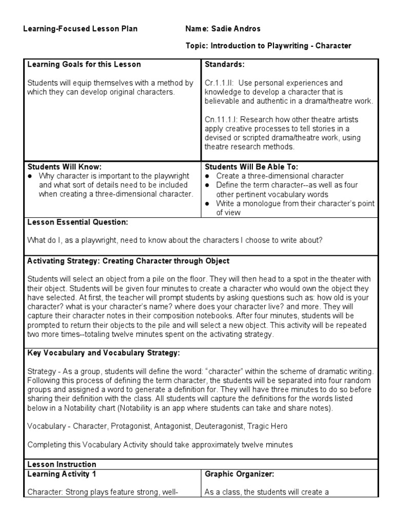 Character Design in Playwriting Lesson | PDF | Lesson Plan | Vocabulary