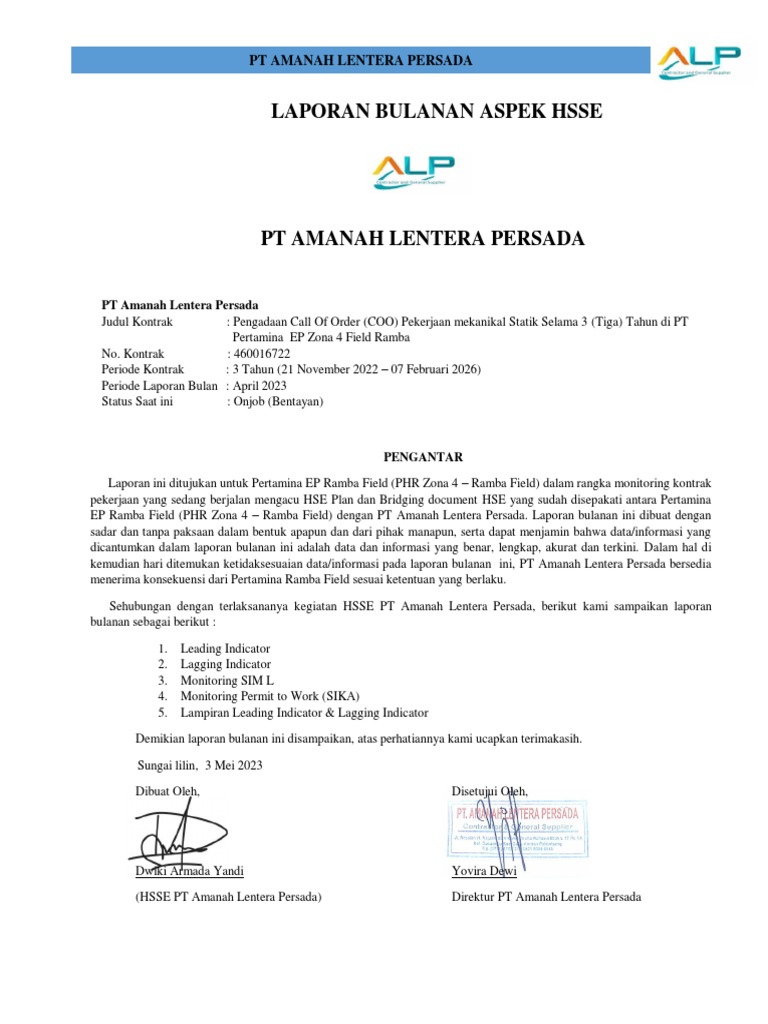Laporan Hse Bulan April 2023 | PDF