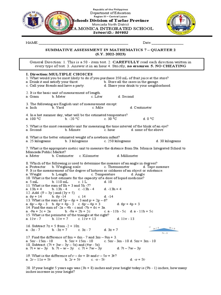 2ndquarter Exam Math7 - FINALedit | PDF | Measurement | Equations