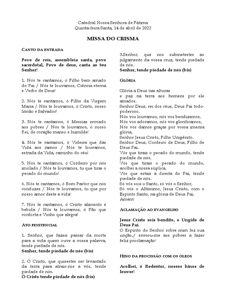 Cantos - Missa Do Crisma 2022 | Download grátis PDF | Eucaristia | Jesus
