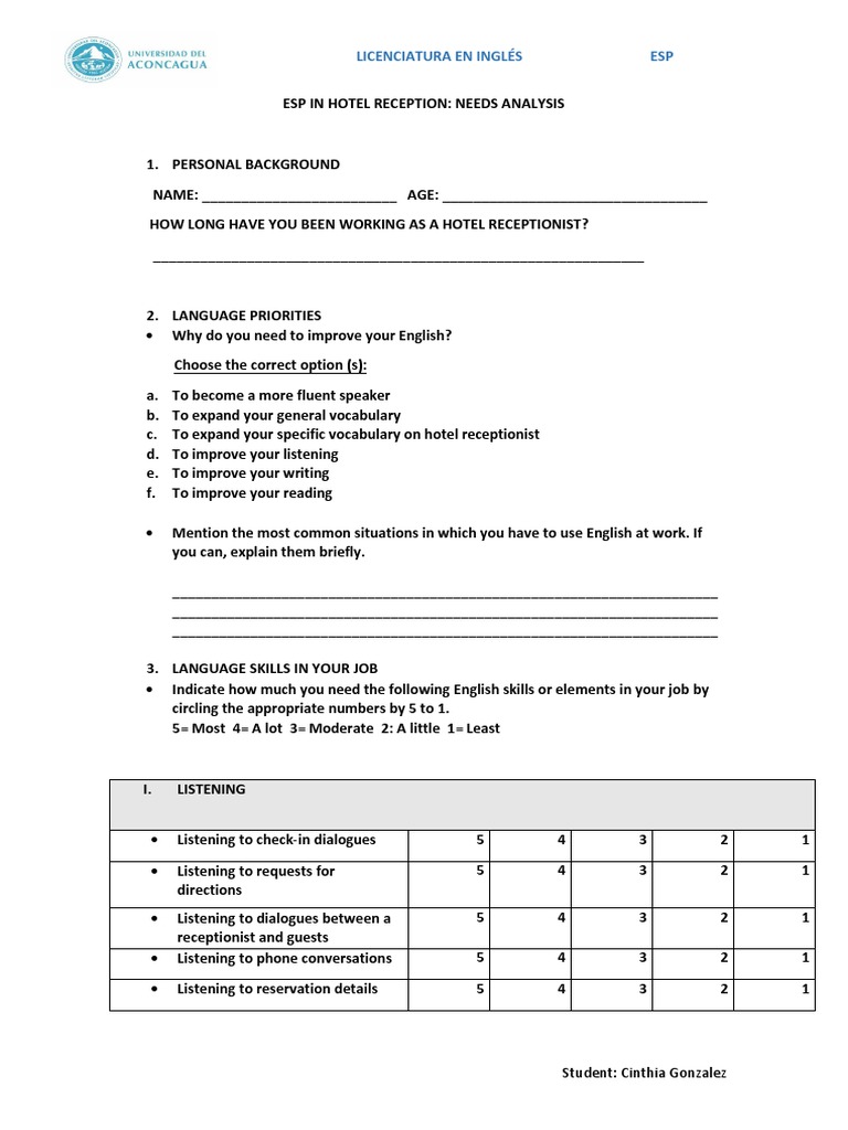 Hotel Reception English Needs Analysis | PDF | English Language | Vocabulary