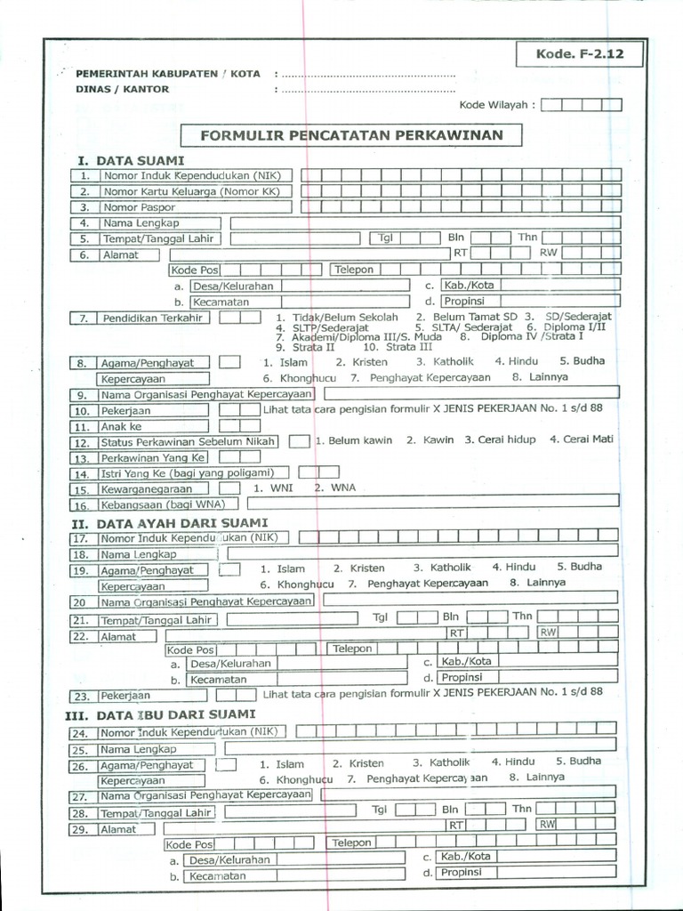 F 2.12 Formulir Pencatatan Perkawinan | PDF