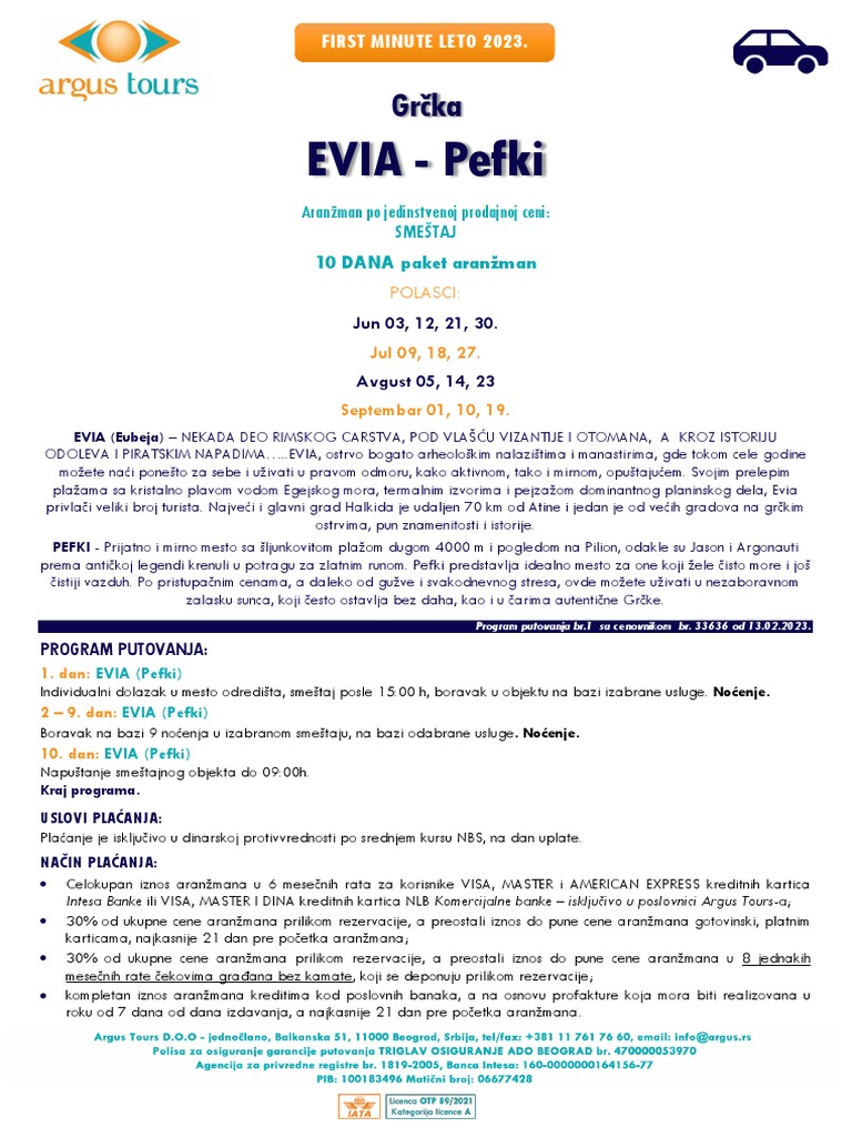 Evia SP Leto 2023 Program Putovanja BR 1 Sa Cenovnikom BR 33636 Od 13 ...