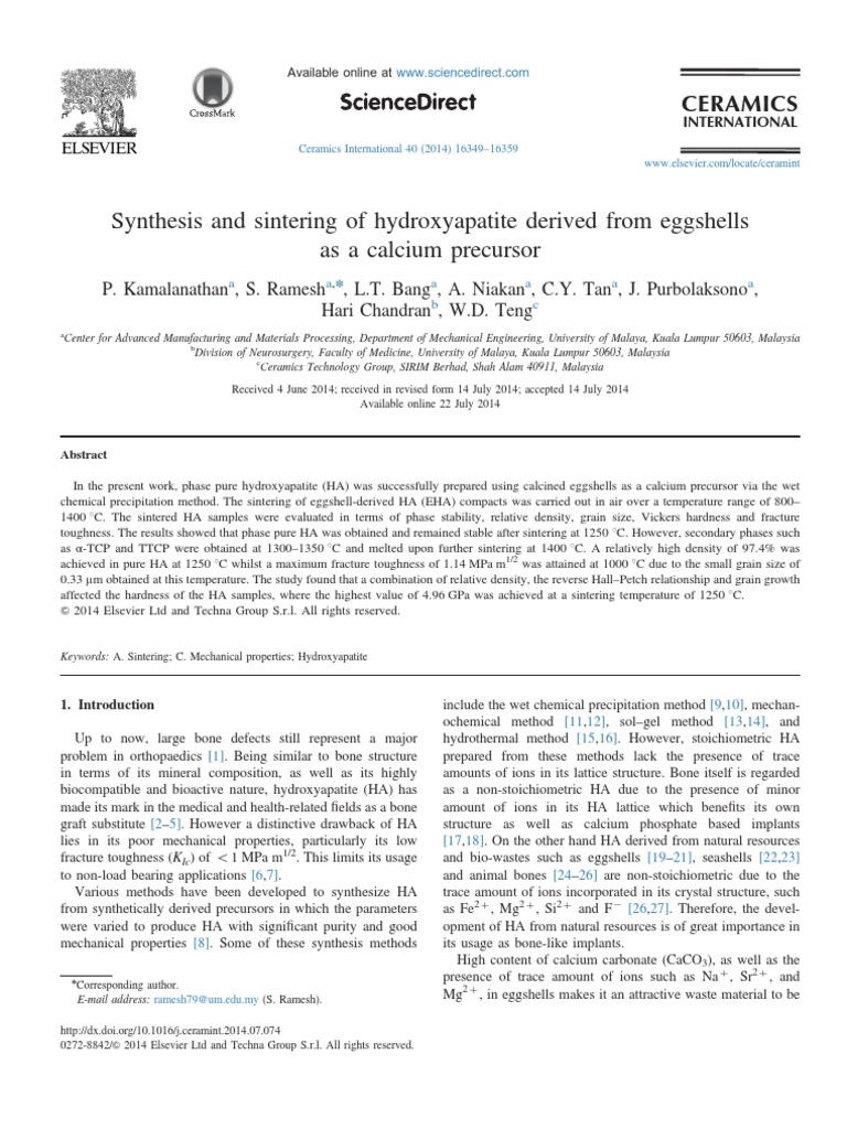 Synthesis and Sintering of Hydroxyapatite Derived From Eggshells As A Calcium Precursor ...