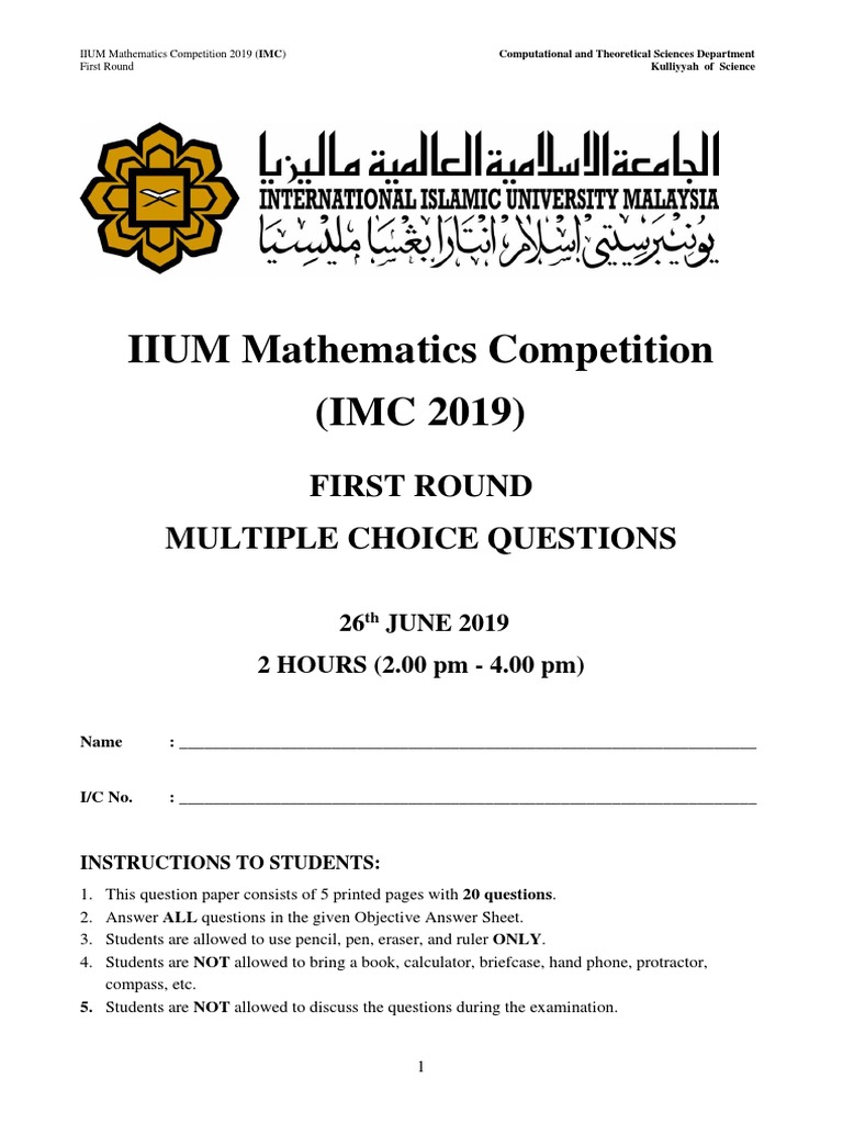 IMC MCQ 2019 Preliminary | PDF | Mathematics | Elementary Geometry