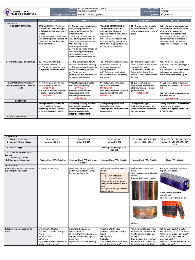 Grade 4 English Lesson Plan | PDF | Learning | Reading Comprehension