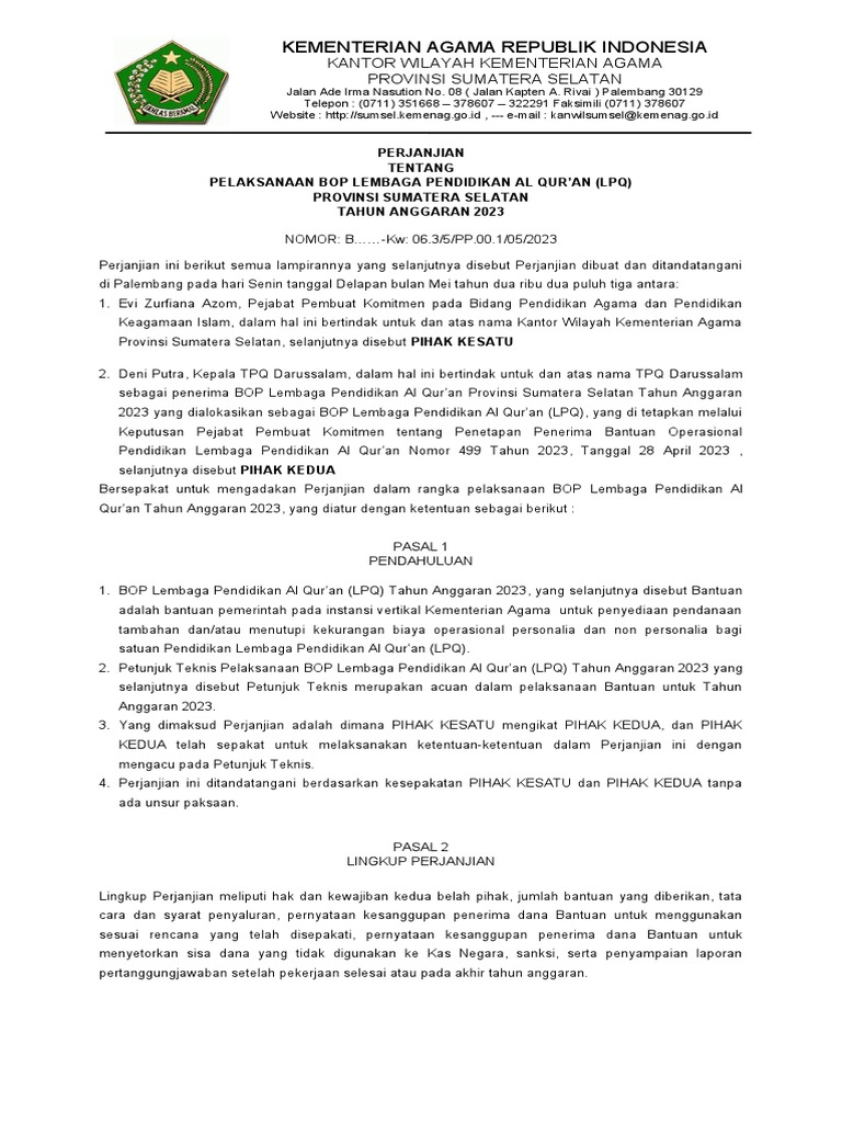 Surat Perjanjian Bop LPQ | PDF