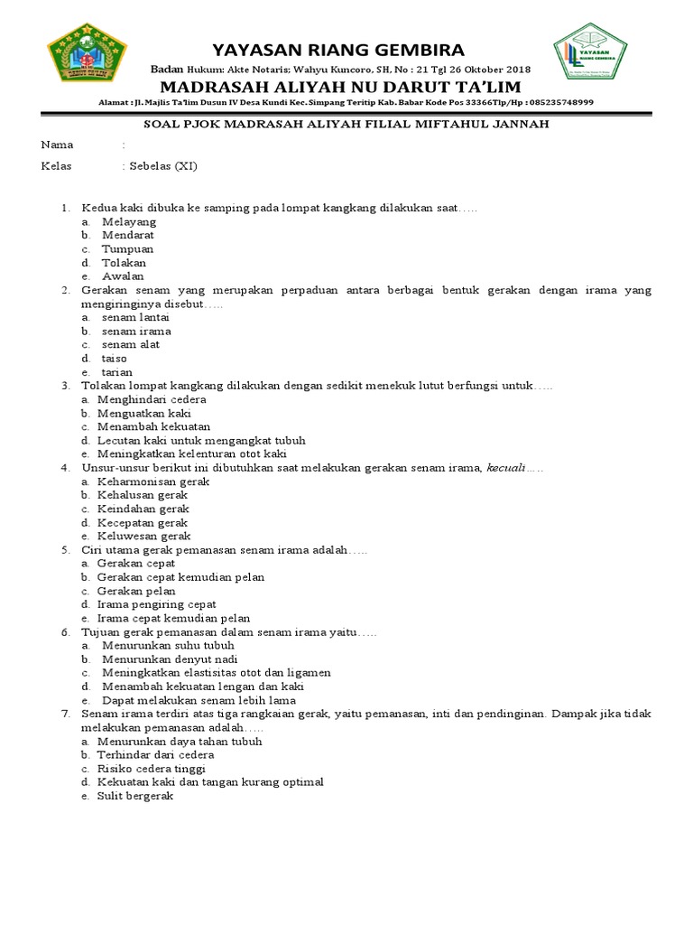 Soal Pat Pjok Kelas Xi 2023 | PDF
