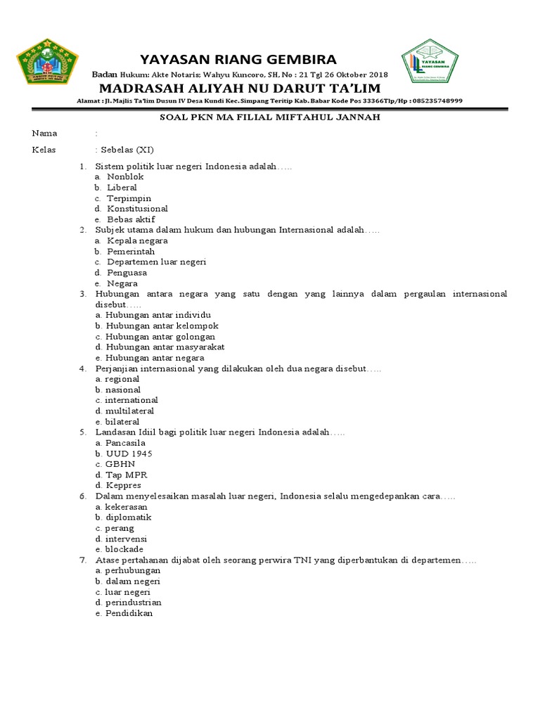 Soal Pat PKN Kelas Xi 2023 | PDF | Politik | Perjalanan