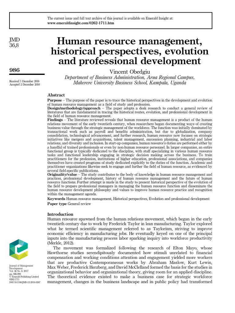 Human Resource Management, Historical Prespective, Evolution, and ...