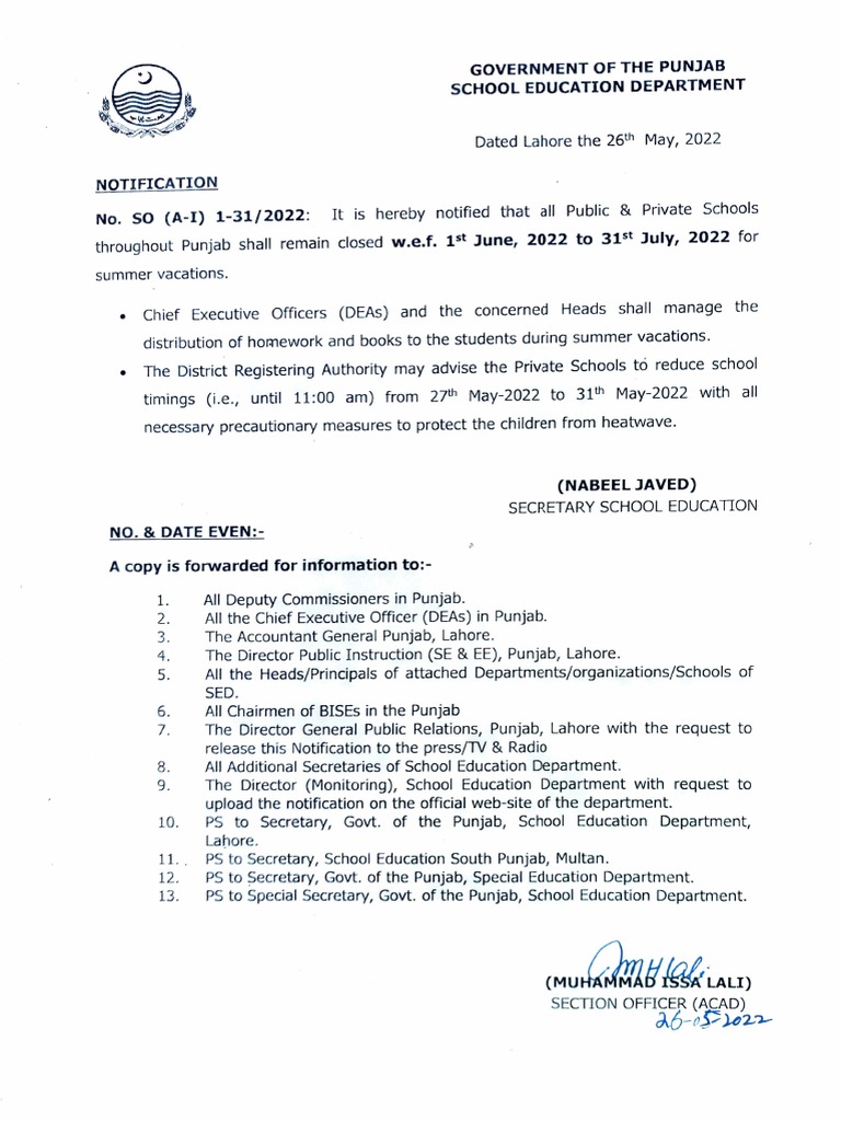 Notification Regarding Summer Vacations | PDF