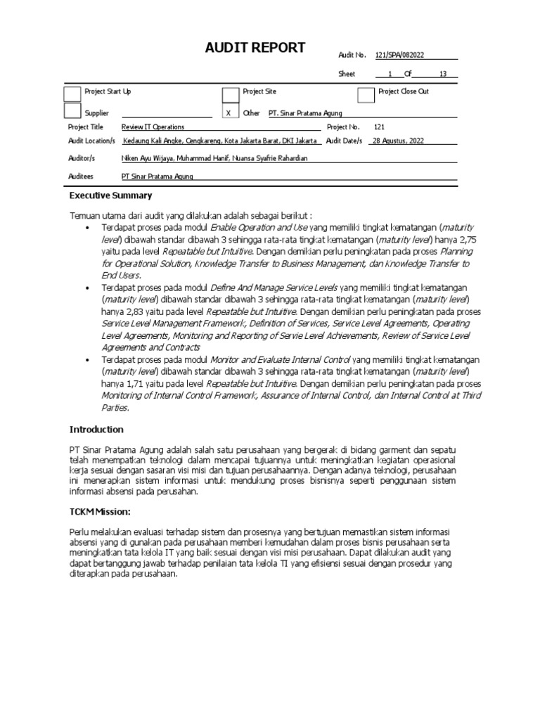 AUDIT REPORT - SISTEM INFORMASI ABSENSI DI PT Sinar Pratama Agung | PDF ...