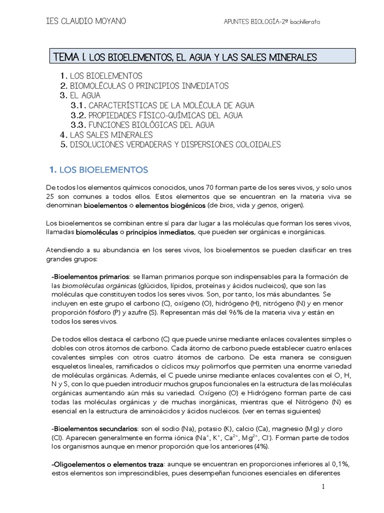 BIOLOGÍA 2º BACHILLERATO - Tema 1. Bioelementos, Agua y Sales Minerales | PDF | Propiedades del ...
