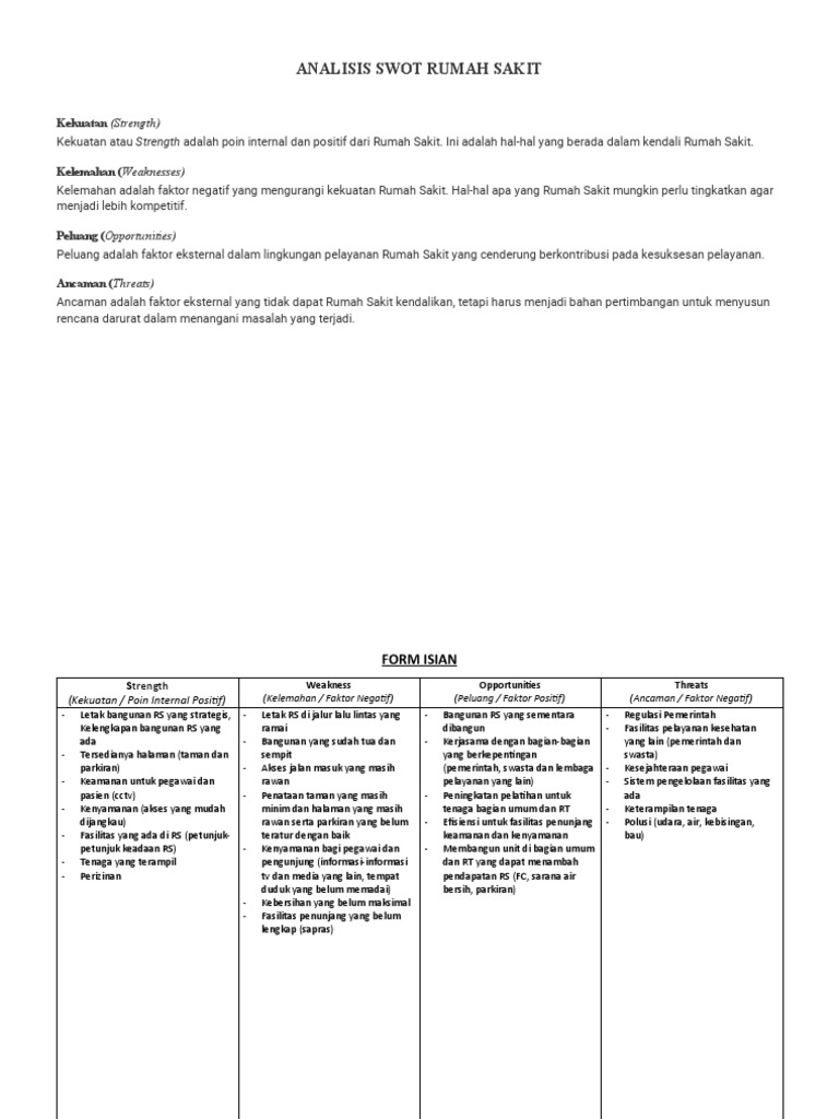 ANALISIS SWOT RUMAH SAKIT (Bag Umum & RT) | PDF