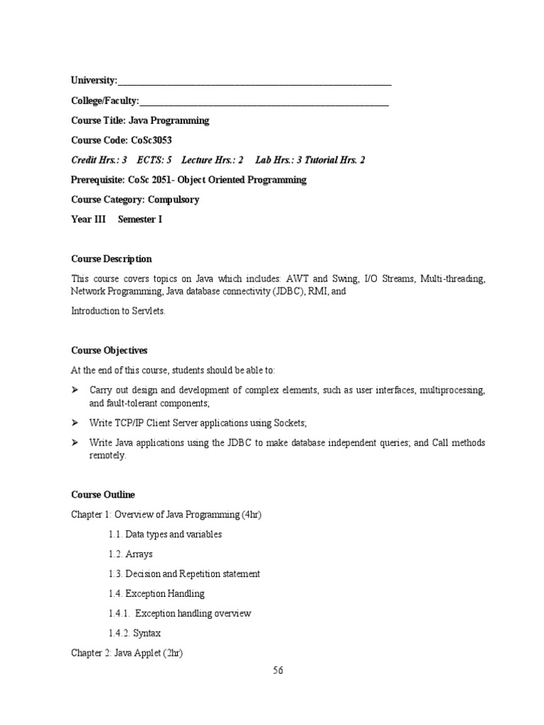 Java Programming Course Outline Pdf Java Programming Language Information Technology 