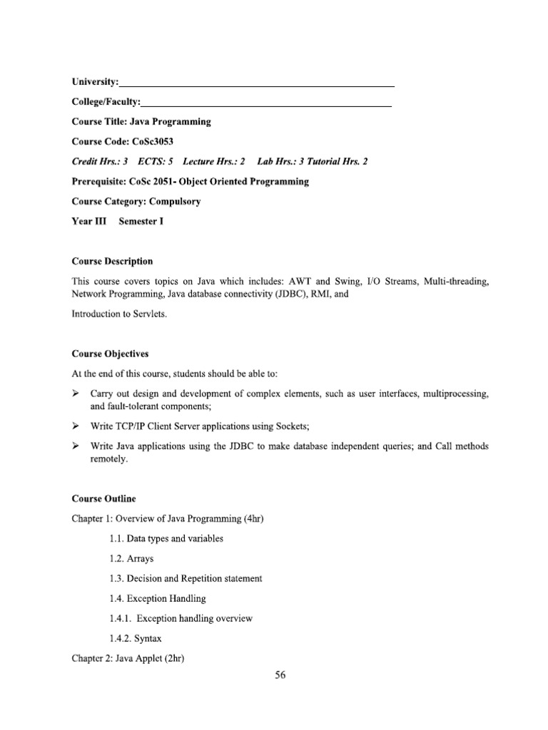 Java Programming Outline With Lab | PDF Java Programming Outline With Lab | PDF