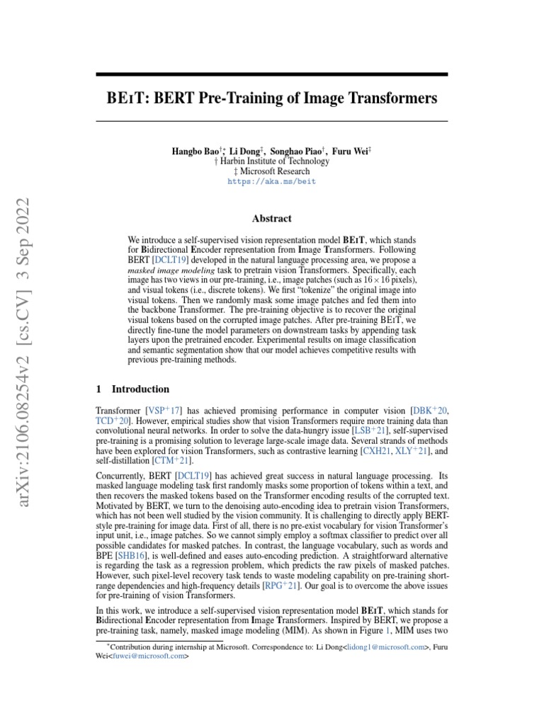 BEIT: Self-Supervised Image Transformers | PDF | Image Segmentation | Artificial Intelligence