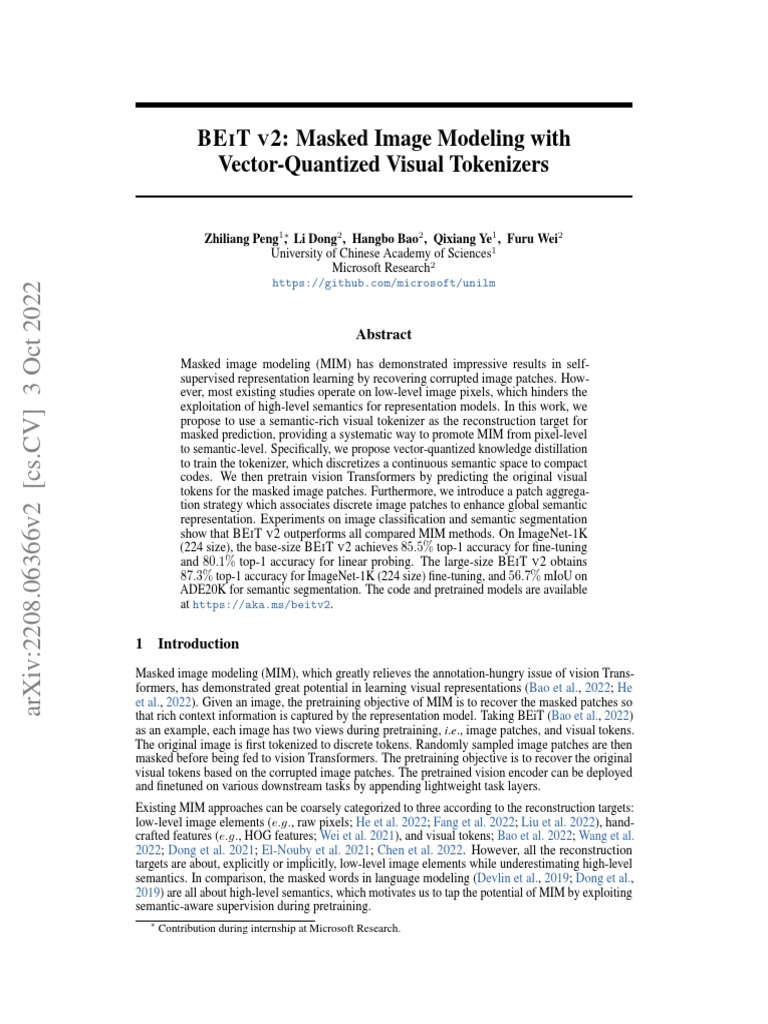 BEIT V2: Masked Image Modeling With Vector-Quantized Visual Tokenizers | PDF | Image ...