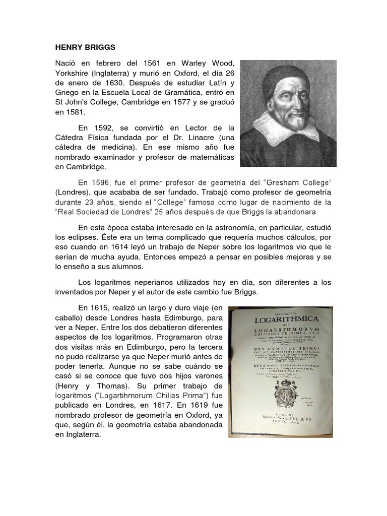 Biografía de Henry Briggs y logaritmos | PDF | Logaritmo | Matemáticas