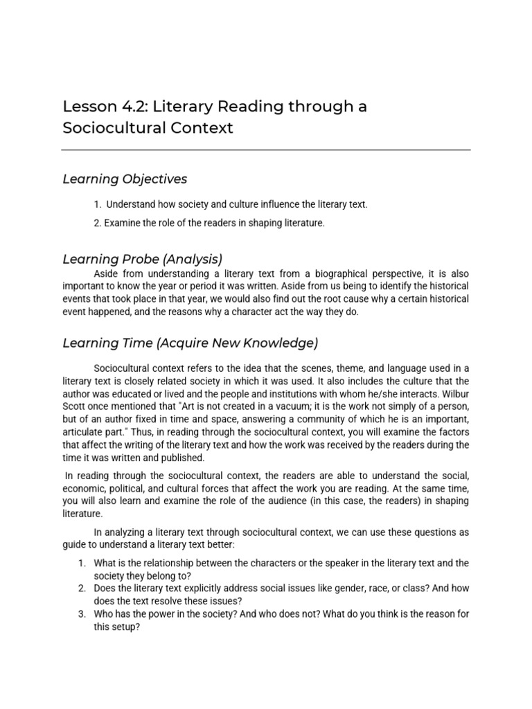 Lesson 4.2 Literary Reading Through A Sociocultural Context | PDF ...