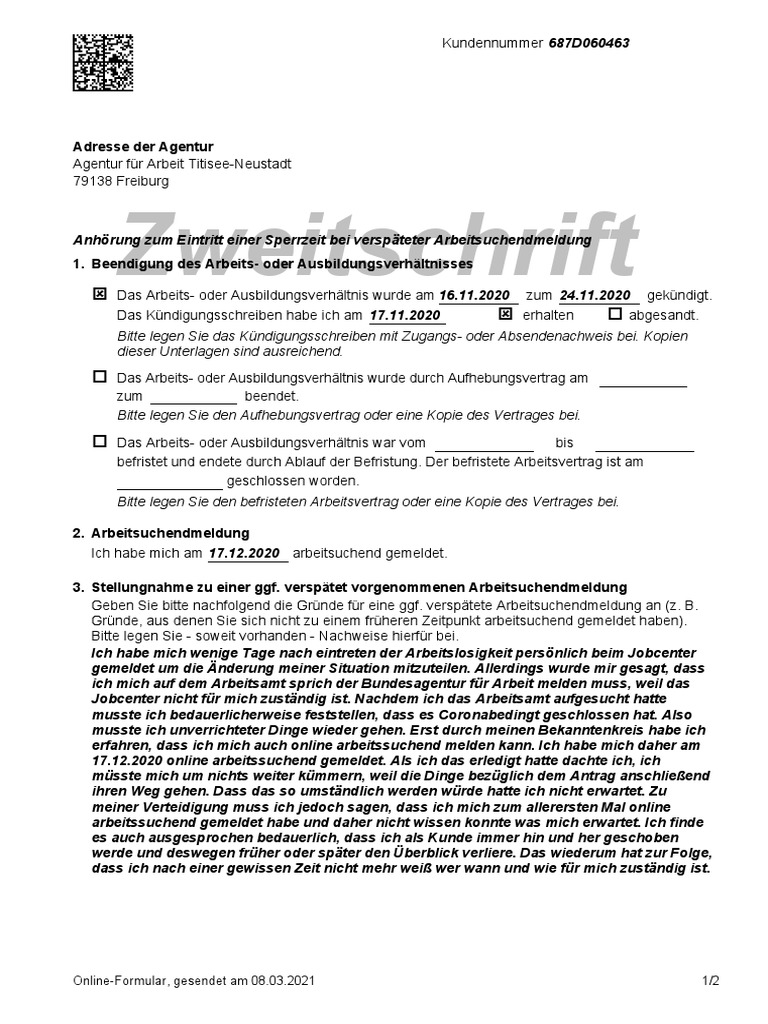 Stellungnahme Zur Verspäteten Arbeitsuchendmeldung (PDF, 104 KB) | PDF