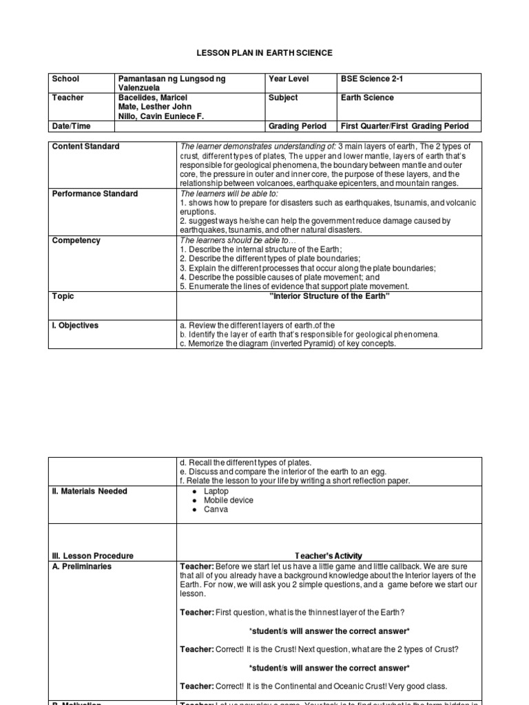 Group 4 Lesson Plan For Interior Structure of The Earth | PDF | Plate Tectonics | Earth
