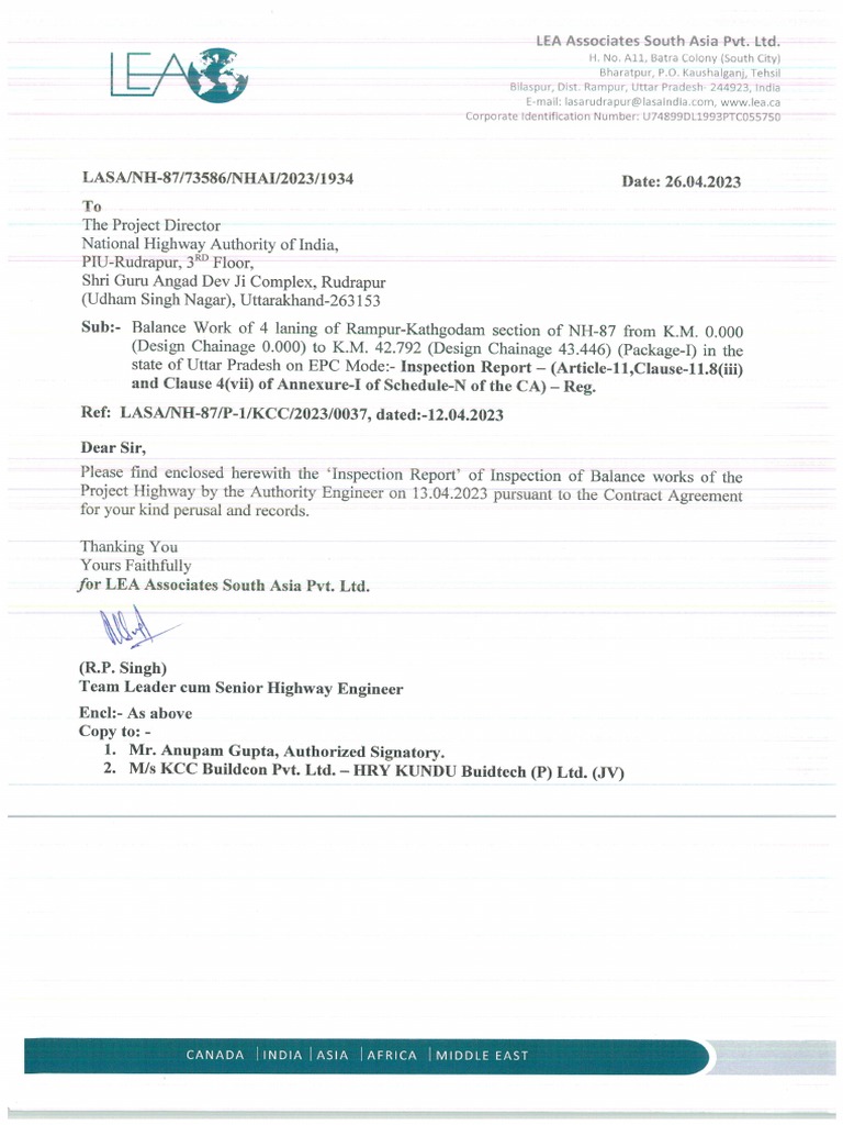LASA To NHAI Letter No. 1934 | PDF