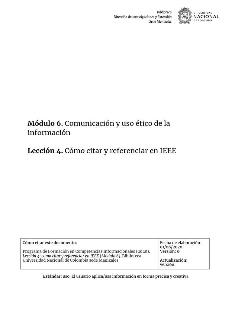 Módulo 6 Lección 4. Cómo Citar y Referenciar en IEEE | PDF | Instituto de Ingenieros Eléctricos ...