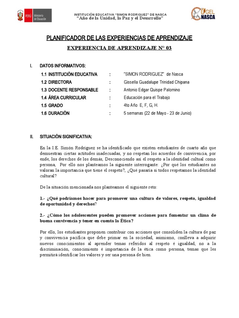 EDA #03 EPT - EXPERIENCIA Cuarto Año | PDF | Aprendizaje | Evaluación
