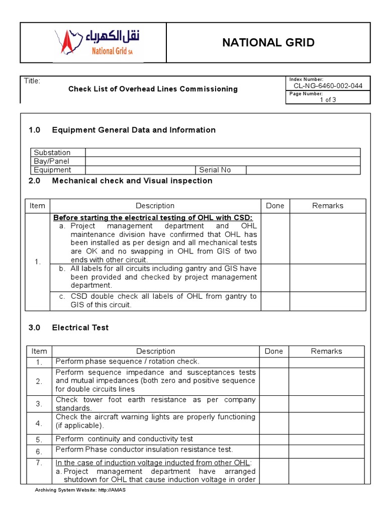 CL-NG-6460-002-044 Checklist For Overhead Lines Rev00 | PDF ... CL-NG-6460-002-044 Checklist For Overhead Lines Rev00 | PDF ...