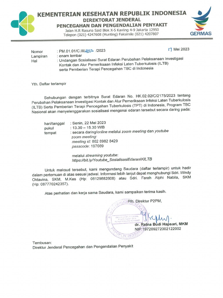 Surat Undangan Sosialisasi Surat Edaran Perubahan Pelaksanaan Investigasi Kontak 22 Mei 4122 | PDF