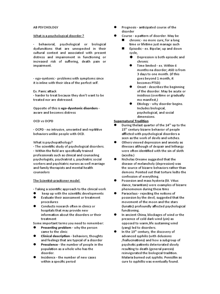 Working Notes - AB PSYCHOLOGY | PDF | Mental Disorder | Psychiatry