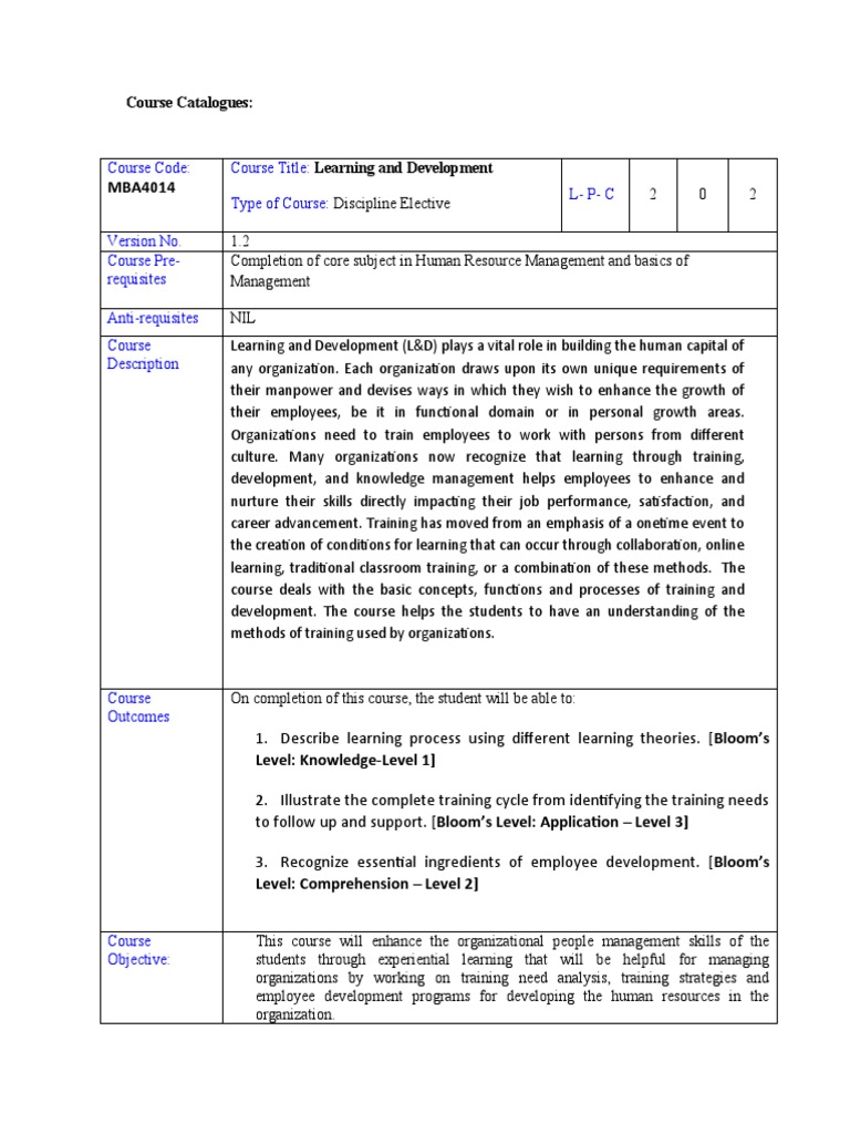 Learning and Development Course Overview | PDF | Educational Technology ...