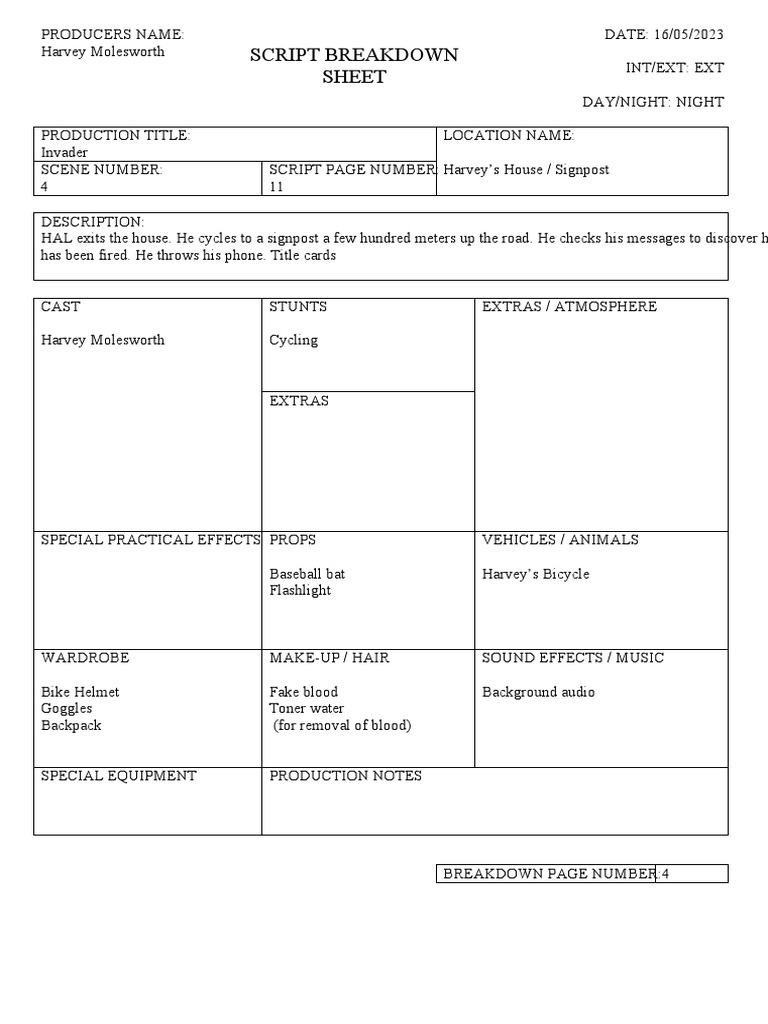 Script Breakdown Sheet 4 | PDF