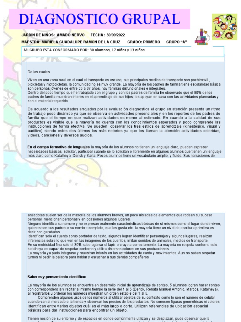 Diagnóstico Grupal Preescolar 1 | PDF | Alimentos | Aprendizaje