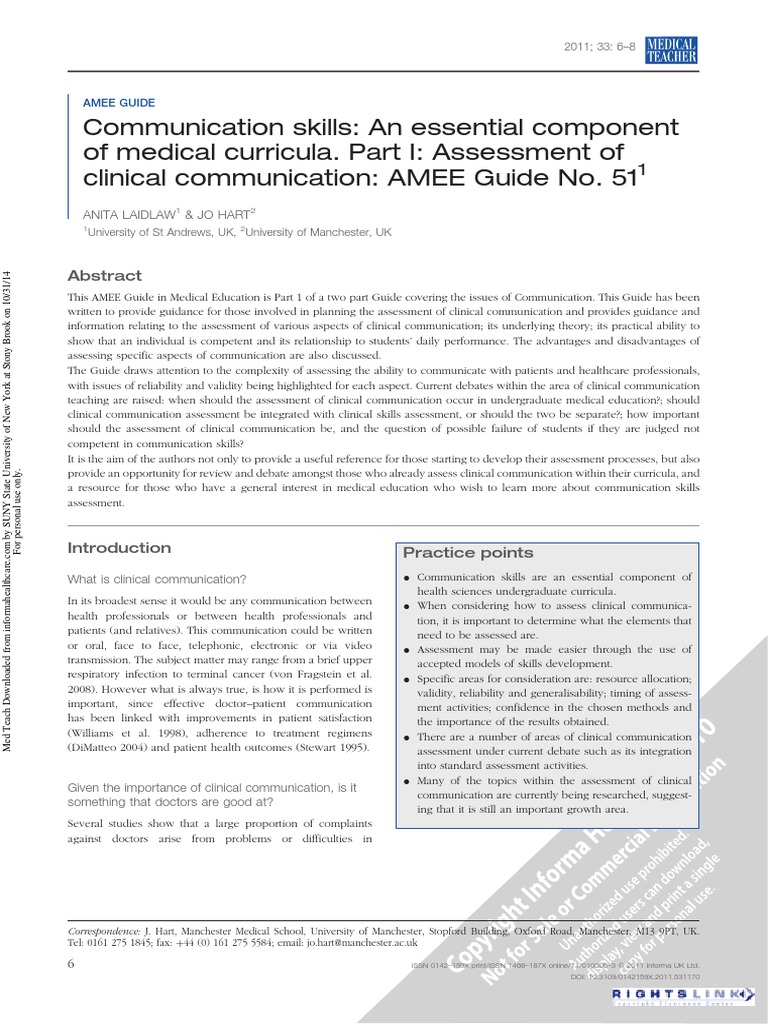 AMEE Guide 511 Communication Skills - An Essential Component of Medical Curricula. Part I ...
